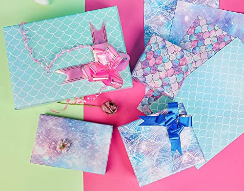 U'COVER Birthday Wrapping Paper for Girls Boys Kids Baby Shower Women Men Mermaid Scale Scallop Galaxy 12 Folded Sheet 4 Style Pattern Gift Wrapping Paper for Wedding Graduation Anniversary 20×29inch