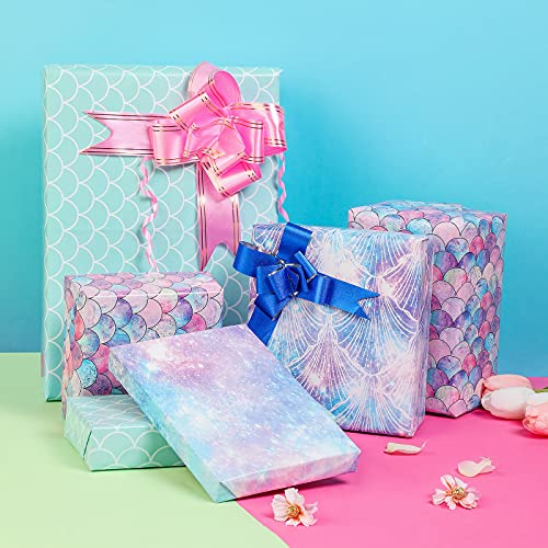 U'COVER Birthday Wrapping Paper for Girls Boys Kids Baby Shower Women Men Mermaid Scale Scallop Galaxy 12 Folded Sheet 4 Style Pattern Gift Wrapping Paper for Wedding Graduation Anniversary 20×29inch