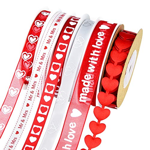 6 Pieces Mother's Day Ribbons Printed Heart Satin Ribbons for Gift Wrapping DIY Supplies Birthday Party Decoration