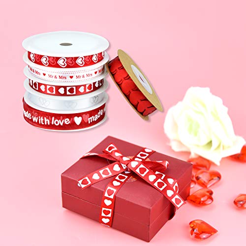 6 Pieces Mother's Day Ribbons Printed Heart Satin Ribbons for Gift Wrapping DIY Supplies Birthday Party Decoration