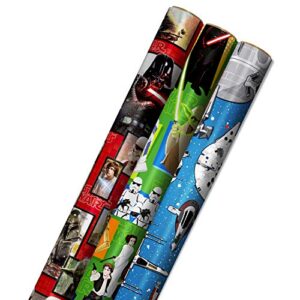 hallmark star wars wrapping paper with cut lines on reverse (3-pack: 60 sq. ft. ttl) with yoda, darth vader, chewbacca, r2-d2, c-3po, stormtroopers, x-wing, millennium falcon