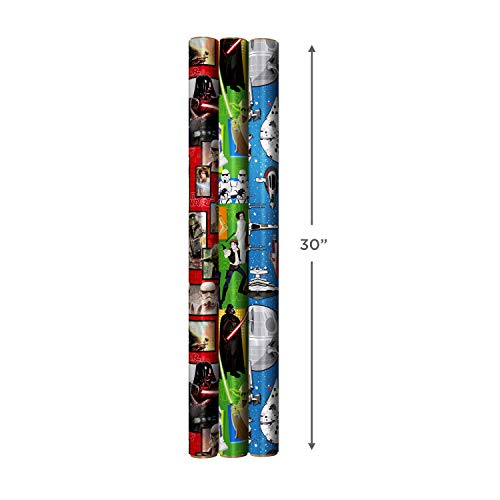 Hallmark Star Wars Wrapping Paper with Cut Lines on Reverse (3-Pack: 60 sq. ft. ttl) with Yoda, Darth Vader, Chewbacca, R2-D2, C-3PO, Stormtroopers, X-Wing, Millennium Falcon