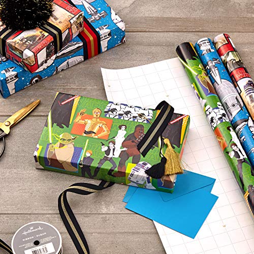 Hallmark Star Wars Wrapping Paper with Cut Lines on Reverse (3-Pack: 60 sq. ft. ttl) with Yoda, Darth Vader, Chewbacca, R2-D2, C-3PO, Stormtroopers, X-Wing, Millennium Falcon