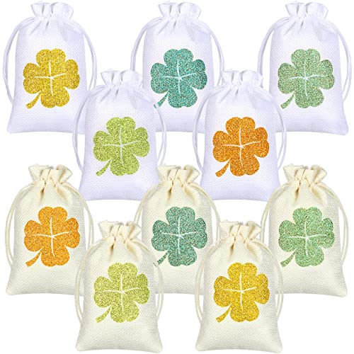 Woanger 30 Pcs St. Patricks Day Burlap Gift Bags with Drawstring St. Patricks Day Lucky Shamrock Linen Goody Gift Bags Glitter Jute Coin Treat Candy Bags for St. Patrick's Day Party Supplies