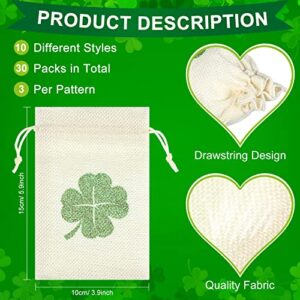 Woanger 30 Pcs St. Patricks Day Burlap Gift Bags with Drawstring St. Patricks Day Lucky Shamrock Linen Goody Gift Bags Glitter Jute Coin Treat Candy Bags for St. Patrick's Day Party Supplies