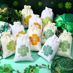 Woanger 30 Pcs St. Patricks Day Burlap Gift Bags with Drawstring St. Patricks Day Lucky Shamrock Linen Goody Gift Bags Glitter Jute Coin Treat Candy Bags for St. Patrick's Day Party Supplies