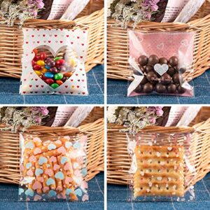 Whaline 400 Pieces Valentine Cellophane Bags Cookie Treat Bags, Heart Self-Adhesive Clear Plastic Candy Bags Party Favor Gifts Goodies Bags, 4 Styles