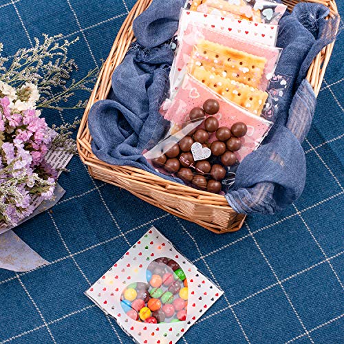 Whaline 400 Pieces Valentine Cellophane Bags Cookie Treat Bags, Heart Self-Adhesive Clear Plastic Candy Bags Party Favor Gifts Goodies Bags, 4 Styles