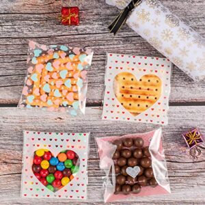 Whaline 400 Pieces Valentine Cellophane Bags Cookie Treat Bags, Heart Self-Adhesive Clear Plastic Candy Bags Party Favor Gifts Goodies Bags, 4 Styles