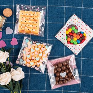 Whaline 400 Pieces Valentine Cellophane Bags Cookie Treat Bags, Heart Self-Adhesive Clear Plastic Candy Bags Party Favor Gifts Goodies Bags, 4 Styles