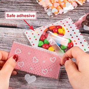 Whaline 400 Pieces Valentine Cellophane Bags Cookie Treat Bags, Heart Self-Adhesive Clear Plastic Candy Bags Party Favor Gifts Goodies Bags, 4 Styles