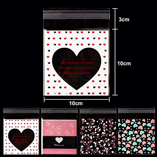 Whaline 400 Pieces Valentine Cellophane Bags Cookie Treat Bags, Heart Self-Adhesive Clear Plastic Candy Bags Party Favor Gifts Goodies Bags, 4 Styles