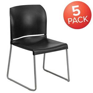 Flash Furniture 5 Pack HERCULES Series 880 lb. Capacity Black Full Back Contoured Stack Chair with Gray Powder Coated Sled Base