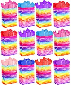 32 pieces tie dye gift bags – 8.7” rainbow gift bags with tissues paper for party favor bags, tie dye gift bags with handle for tie dye party supplies, tie dye birthday party decorations（2 styles）