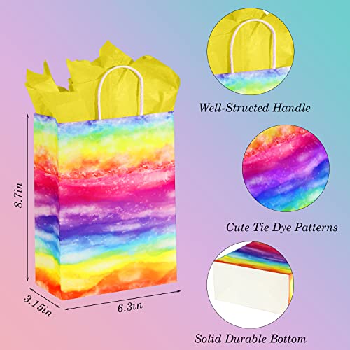 32 Pieces Tie Dye Gift Bags - 8.7'' Rainbow Gift Bags with Tissues Paper for Party Favor Bags, Tie Dye Gift Bags with Handle for Tie Dye Party Supplies, Tie Dye Birthday Party Decorations（2 Styles）