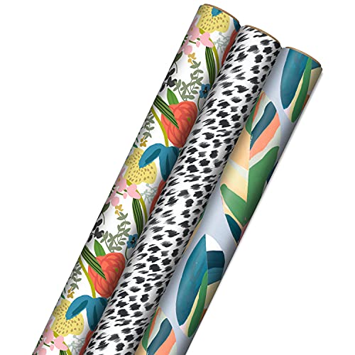 Hallmark Recycled Wrapping Paper with Cutlines on Reverse (3 Rolls: 60 Sq. Ft. Ttl) Modern Flowers, Teal Leaves, Black and White Abstract for Birthdays, Bridal Showers, Easter, Mother's Day