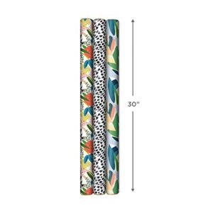 Hallmark Recycled Wrapping Paper with Cutlines on Reverse (3 Rolls: 60 Sq. Ft. Ttl) Modern Flowers, Teal Leaves, Black and White Abstract for Birthdays, Bridal Showers, Easter, Mother's Day