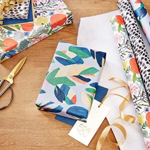 Hallmark Recycled Wrapping Paper with Cutlines on Reverse (3 Rolls: 60 Sq. Ft. Ttl) Modern Flowers, Teal Leaves, Black and White Abstract for Birthdays, Bridal Showers, Easter, Mother's Day