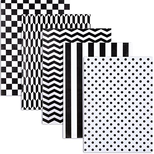 Kavoc 100 Sheet Black White Plaid Tissue Paper Star Stripes Dots Pattern Tissue Paper Checkerboard Art Tissue 5 Styles Simple Gift Wrapping Paper Bulk for DIY Crafts Gift Bag Supplies, 14 x 20