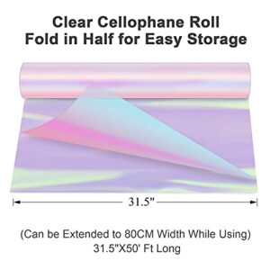 MAOUYWIEE 1 Roll Iridescent Cellophane Roll Iridescent Wrapping Paper Cellophane Wrap for Gift Baskets Iridescent Film Halloween Christmas DIY Wrapping Decoration Supplies (Pink,31.5 inchX50 Feet)