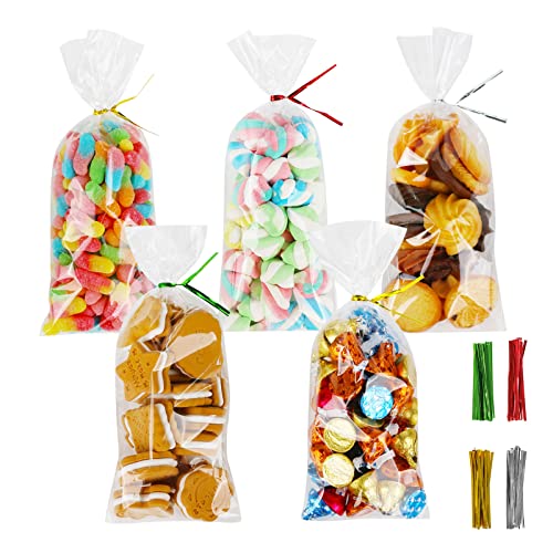 Cellophane Bags,120Pcs 4x9.5 Inch Clear Plastic Cellophane Treat Bags with 4.7" Twist Ties 4 Mix Colors, Large Party Favor Bags Goodies Bags OPP Treat Bags for Birthday Party Favors, Valentines, Easter, Weddings ,Halloween，Christmas Gift Wrapping