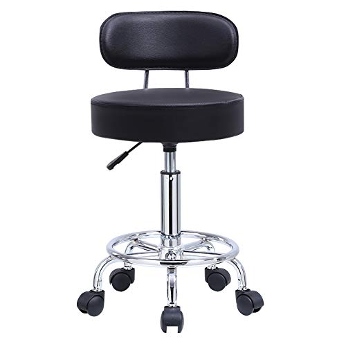 KKTONER PU Leather Rolling Stool Mid-Back with Footrest Height Adjustable Office Computer Home Drafting Swivel Task Chair with Wheels (Black)