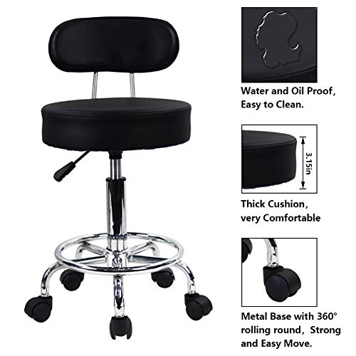 KKTONER PU Leather Rolling Stool Mid-Back with Footrest Height Adjustable Office Computer Home Drafting Swivel Task Chair with Wheels (Black)