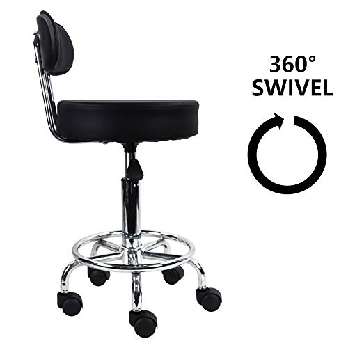 KKTONER PU Leather Rolling Stool Mid-Back with Footrest Height Adjustable Office Computer Home Drafting Swivel Task Chair with Wheels (Black)