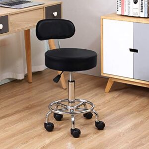 KKTONER PU Leather Rolling Stool Mid-Back with Footrest Height Adjustable Office Computer Home Drafting Swivel Task Chair with Wheels (Black)