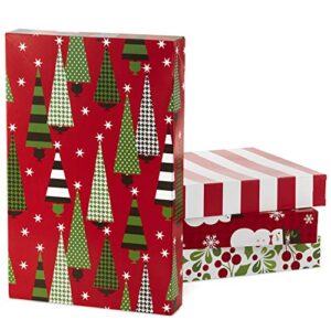 hallmark christmas gift boxes with lids in assorted designs (pack of 12: trees, stripes, snowmen, holly) red, green and white patterned shirt boxes for wrapping gifts