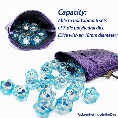 DND Dice Bag Can Cover 6 Dice Sets, Glow in The Dark Eyes D and D Dice Storage Pouch, Purple Dragon Leather Coins Bag for Fantasy Dragons and Dungeons Games Accessories, Drawstring Dice Pouch