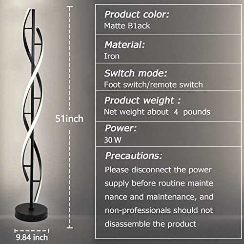 FODIEME Modern Spiral Floor Lamp Black with Remote Control, Standing Lamp 30W Three Adjustable Colors Timer Floor Lamp for Living Room, Bedroom and Offices