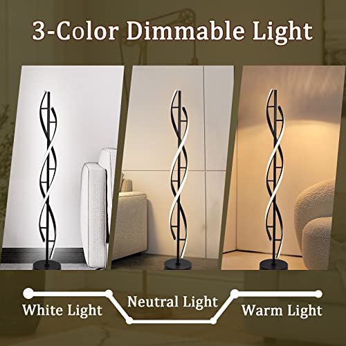 FODIEME Modern Spiral Floor Lamp Black with Remote Control, Standing Lamp 30W Three Adjustable Colors Timer Floor Lamp for Living Room, Bedroom and Offices