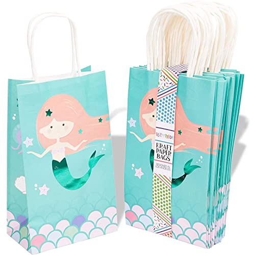 BLUE PANDA Mermaid Party Favor Gift Bags with Handles, Kids Birthday Decorations (24 Pack)