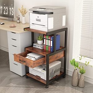 YQ FUNLIS 3-Tier Movable Printer Stand with Storage Home Office Printer Stand with Drawer Rolling Filing Cabinet Printer Cart for Kitchen,Retro