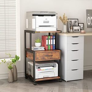 YQ FUNLIS 3-Tier Movable Printer Stand with Storage Home Office Printer Stand with Drawer Rolling Filing Cabinet Printer Cart for Kitchen,Retro