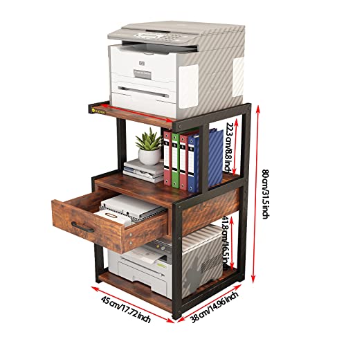 YQ FUNLIS 3-Tier Movable Printer Stand with Storage Home Office Printer Stand with Drawer Rolling Filing Cabinet Printer Cart for Kitchen,Retro