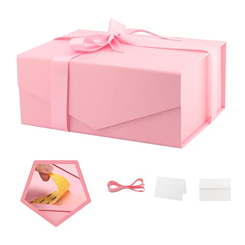 PACKQUEEN Gift Boxes with Ribbons, Magnetic Gift Boxes for presents, Bridesmaid Proposal Box, Pink Gift box with lid and Blank Greeting Cards (9x6.5x3.8 Inches)