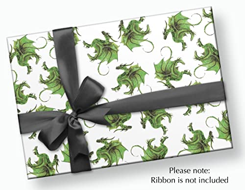 Stesha Party Green Dragon Birthday Wrapping Paper - Folded Flat 30 x 20 Inch (3 Sheets)