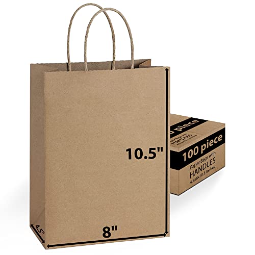 [100 Bags] 8 X 4.5 X 10.5 Brown Kraft Paper Gift Bags Bulk with Handles. Ideal for Shopping, Packaging, Retail, Party, Craft, Gifts, Wedding, Recycled, Business, Goody and Merchandise Bag