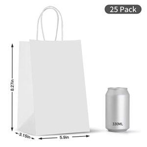 CABEST 25 Pcs White Kraft Paper Gift Bags with Handles, 5.9X3.15X8.27 inch Small Party Favor Gift Bags Bulk, Valentine's Day Small White Paper Gift Bags