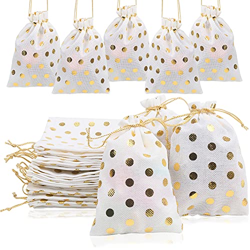 DIYASY Burlap Gold Dot Party Favor Bags,24 Pcs Candy Treat Gift Bag with Drawstring for Birthday Party and Christmas Gift Wrapping-5X7 inches