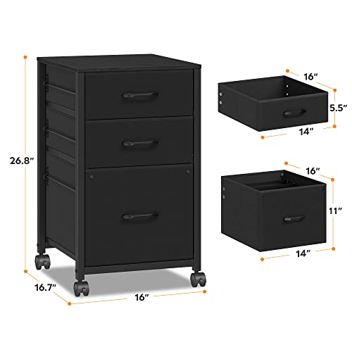 Raybee 3 Drawer File Cabinets for Home Office Small Rolling Filing Cabinets with Wheels fits A4, Letter,Legal Size Office Fabric Vertical Filing Cabinets 16.7" D*16" W*26.8" H Black…