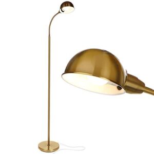 brightech regent led floor lamp, free standing corner pole light with adjustable gooseneck, tall bright skinny lamp for office desk, living room sofa or chair – brass / gold