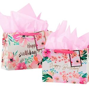 YE GIVING Happy Birthday Gift Bags With Tissue 9"x4"x7" 4 Pack. 2 Designs. Includes Tissue Paper And Tags.