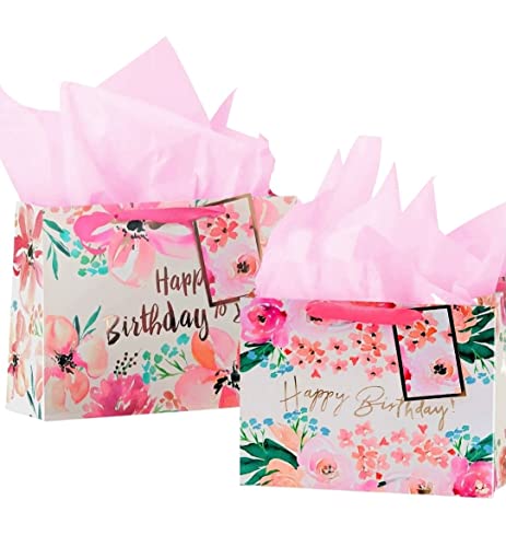 YE GIVING Happy Birthday Gift Bags With Tissue 9"x4"x7" 4 Pack. 2 Designs. Includes Tissue Paper And Tags.