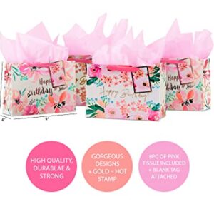 YE GIVING Happy Birthday Gift Bags With Tissue 9"x4"x7" 4 Pack. 2 Designs. Includes Tissue Paper And Tags.