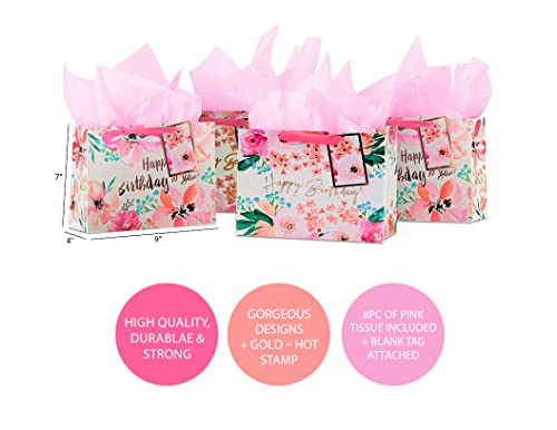 YE GIVING Happy Birthday Gift Bags With Tissue 9"x4"x7" 4 Pack. 2 Designs. Includes Tissue Paper And Tags.