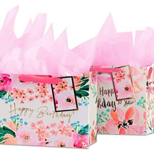 YE GIVING Happy Birthday Gift Bags With Tissue 9"x4"x7" 4 Pack. 2 Designs. Includes Tissue Paper And Tags.