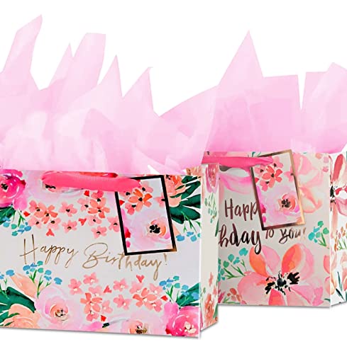 YE GIVING Happy Birthday Gift Bags With Tissue 9"x4"x7" 4 Pack. 2 Designs. Includes Tissue Paper And Tags.